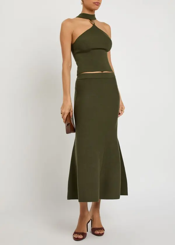 Simkhai Layne Ribbed Merino Wool Midi Skirt - Khaki