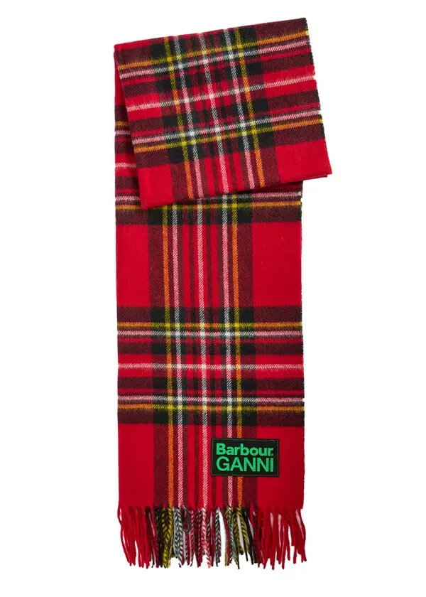 BARBOUR X GANNI Tartan Fringed Wool Scarf - Red