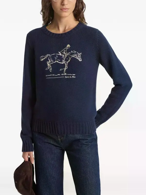 Sporty & Rich Equestrian-embroidered Crew-neck Sweater - Blue