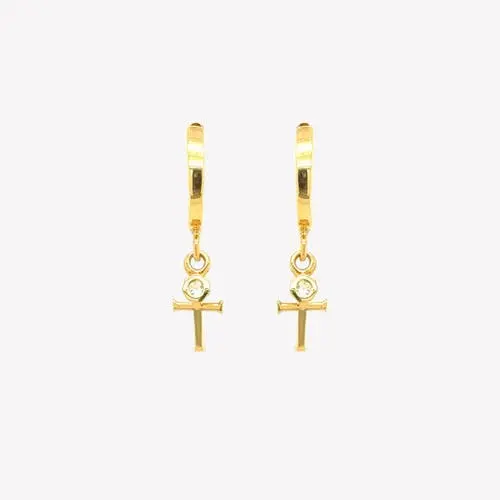RIZEN JEWELRY Calvary Cross Huggie Hoop Earrings - 18k Gold Plated