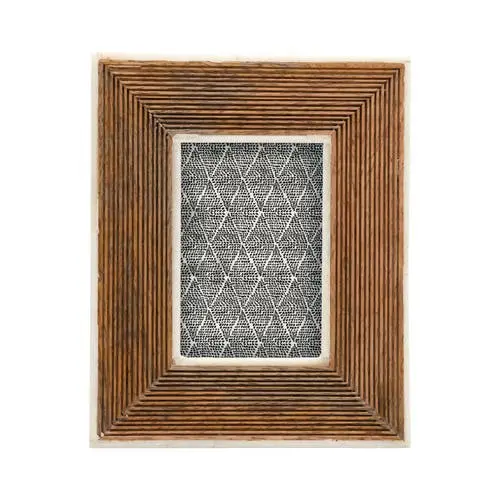 STORIED HOME Hand-carved Mango Wood Photo Frame With Bone Border & Ribbed Pattern - Natural