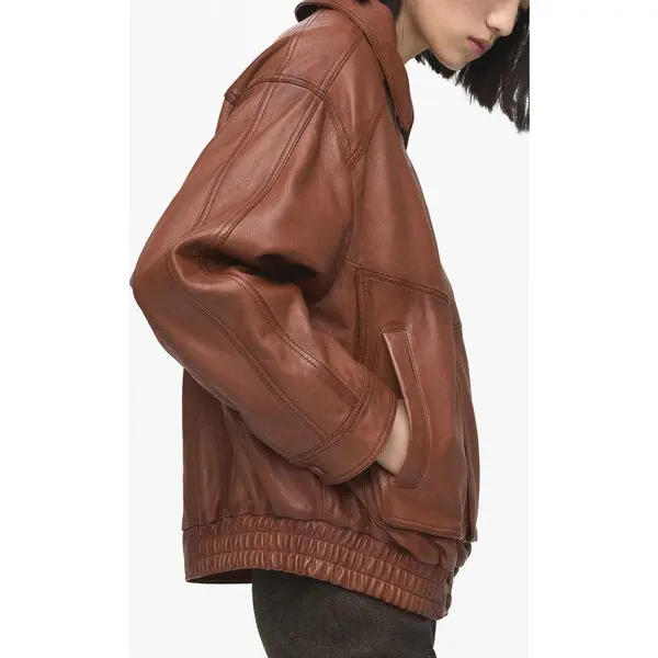 Mango Oversized Leather Jacket - Cognac