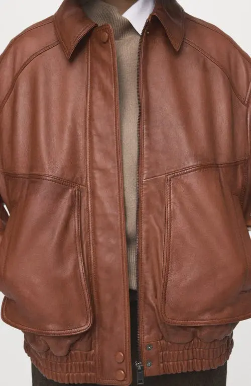 Mango Oversized Leather Jacket - Cognac