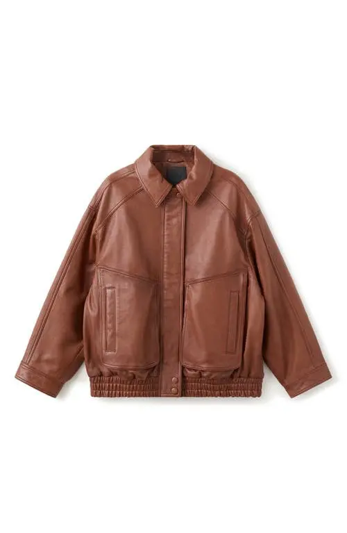 Mango Oversized Leather Jacket - Cognac