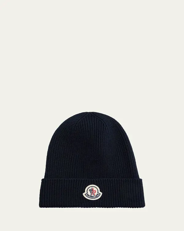 Moncler Ribbed Virgin Wool Beanie With Logo - Navy
