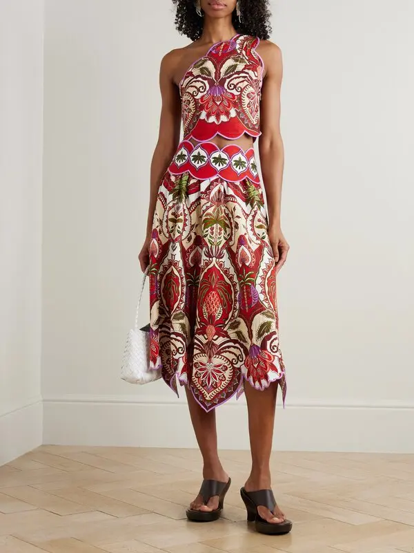 Farm Rio Odara One-shoulder Scalloped Printed Linen-blend Top