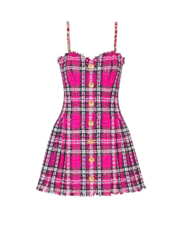 Balmain Plaid A-line Dress With Chain Straps - Pink