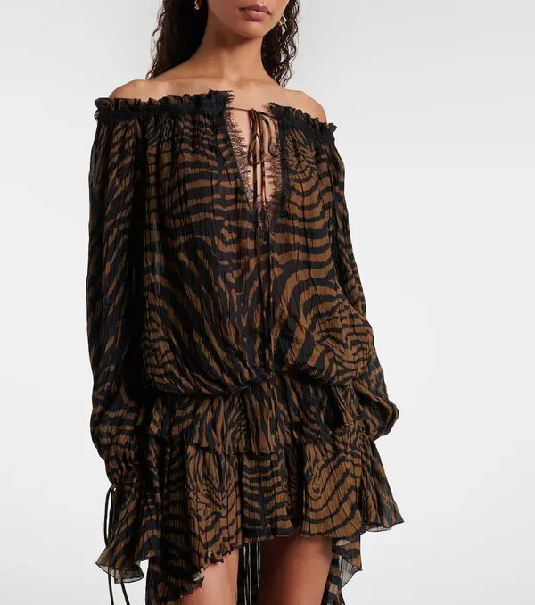 Blumarine Lace-trimmed Zebra-print Chiffon Top - Brown