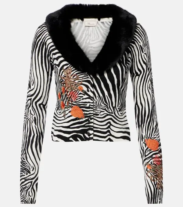 Blumarine Printed Ribbed-knit Cardigan - White
