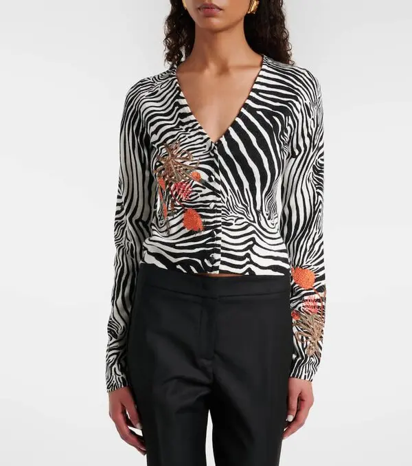 Blumarine Printed Ribbed-knit Cardigan