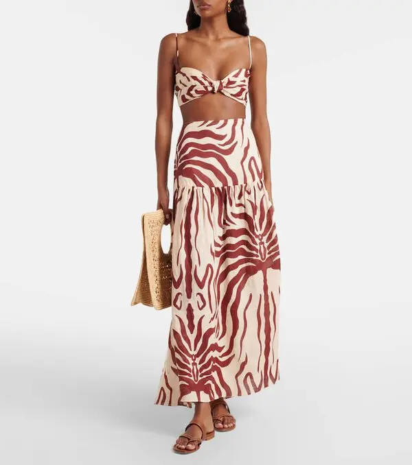 Johanna Ortiz Gathered Printed Linen Maxi Skirt