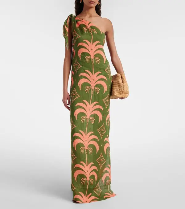 Johanna Ortiz Asymmetric Printed Linen Maxi Dress