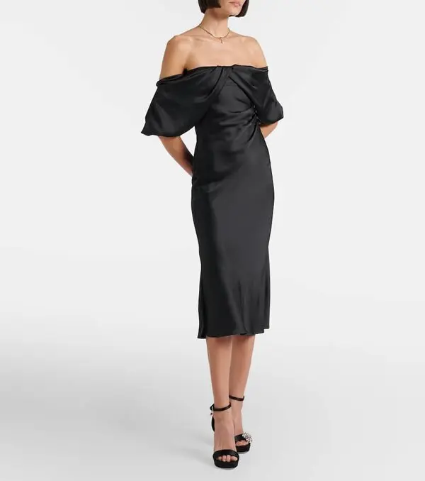 Alexander McQueen Draped Off-shoulder Satin Midi Dress