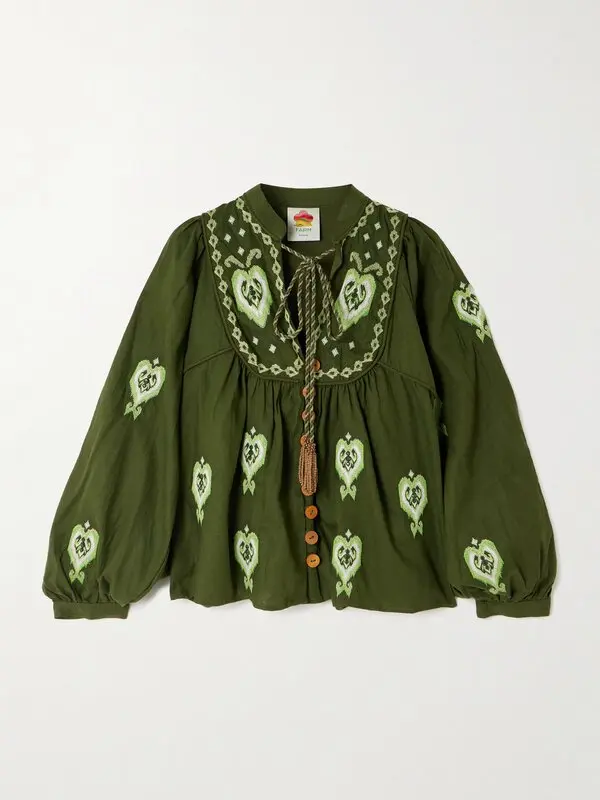 Farm Rio Embellished Embroidered Linen-blend Blouse - Green
