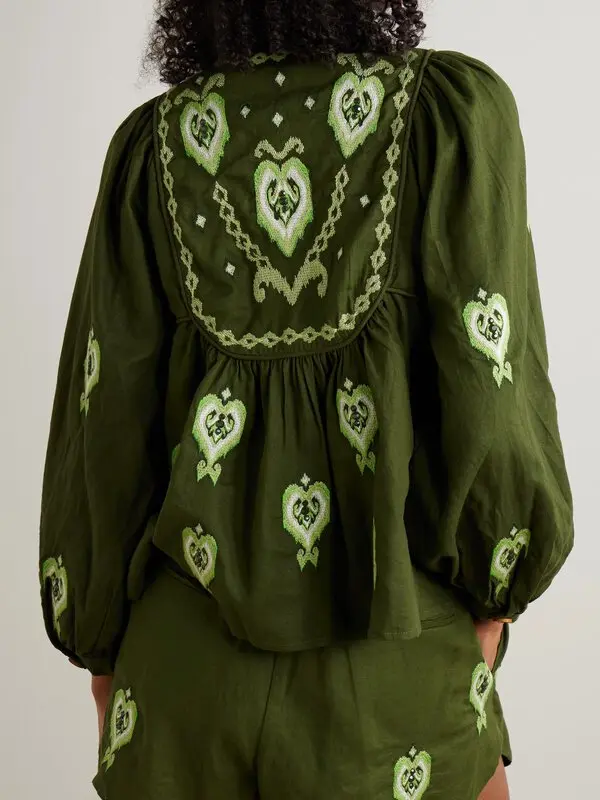 Farm Rio Embellished Embroidered Linen-blend Blouse