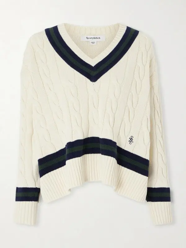 SPORTY & RICH Striped Cable-knit Cotton Sweater