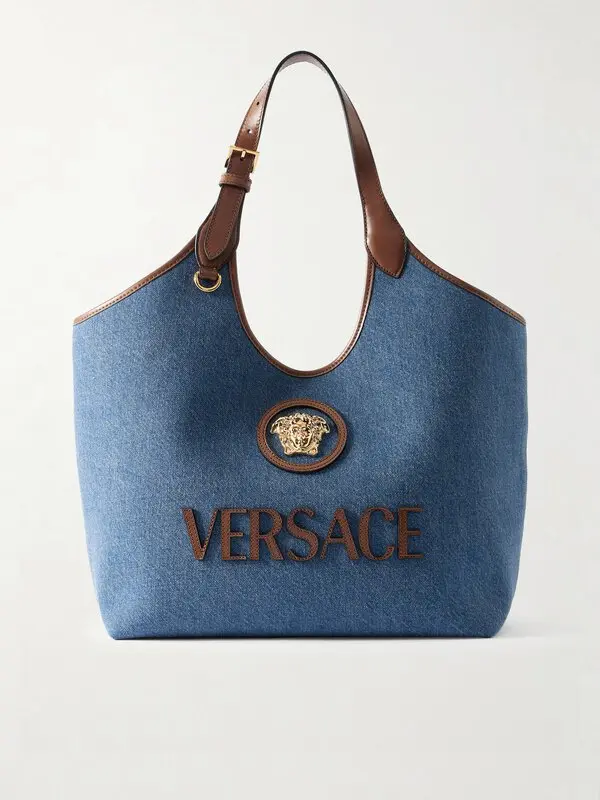 Versace La Medusa Leather-trimmed Denim Tote - Blue