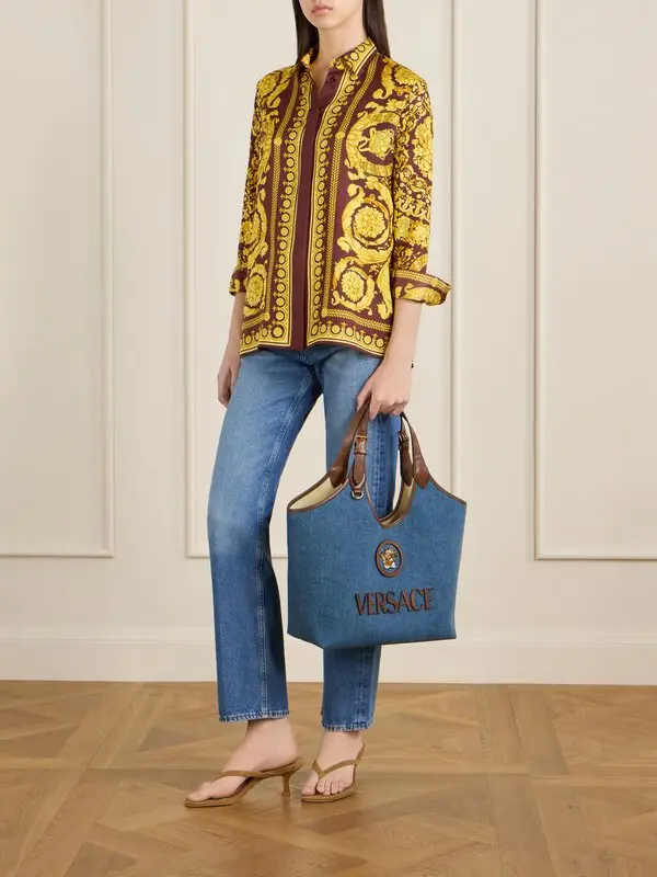 Versace La Medusa Leather-trimmed Denim Tote - Blue