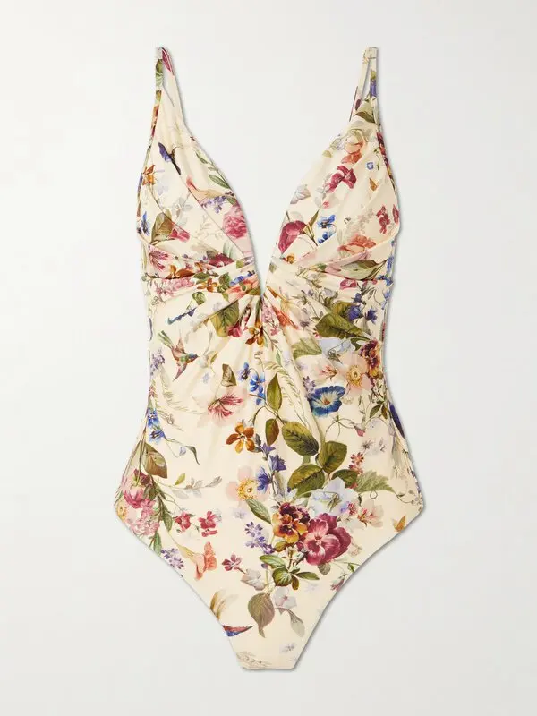 Zimmermann Patience Pleated Floral-print Swimsuit - Ivory
