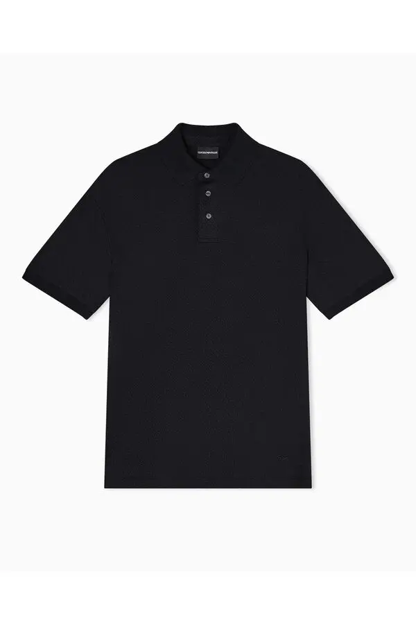 Emporio Armani Jacquard Jersey Polo Shirt With An Intarsia Effect - Navy