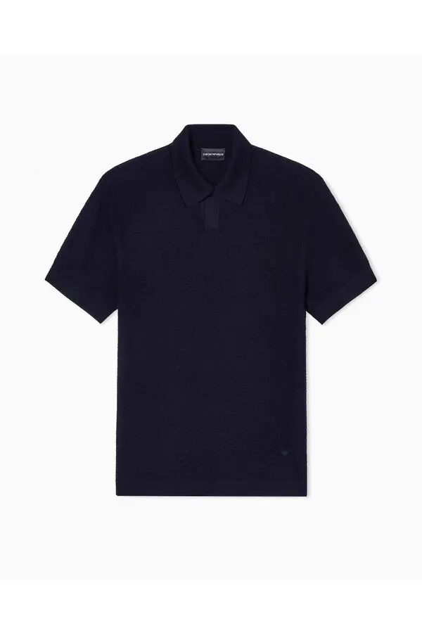 Emporio Armani Polo Shirt-collar Jumper In Virgin Wool With Check Motif - Navy