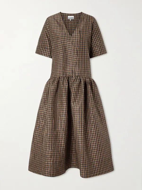 GANNI Crinkled Gingham Recycled-taffeta Midi Dress - Brown