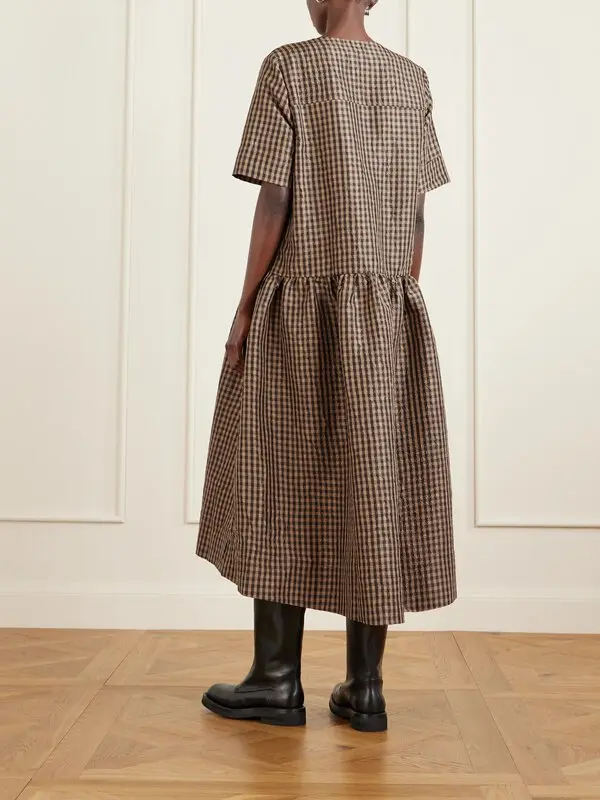 GANNI Crinkled Gingham Recycled-taffeta Midi Dress - Brown