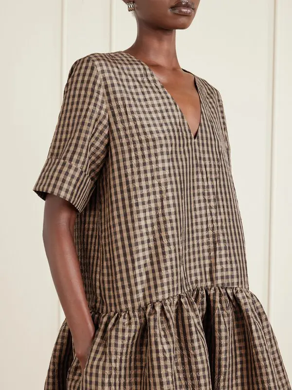 GANNI Crinkled Gingham Recycled-taffeta Midi Dress - Brown