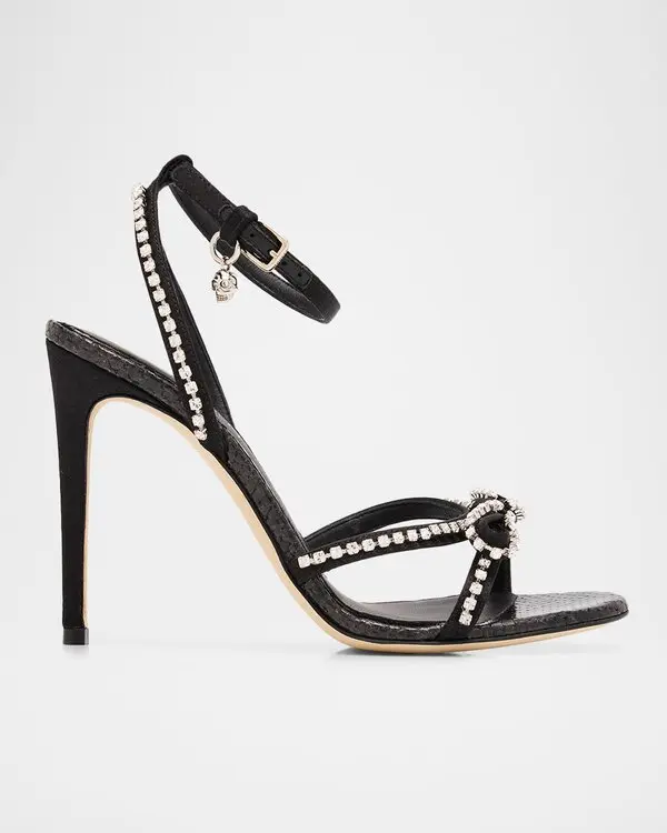 Alexander McQueen 100mm Crystal Bow Satin Sandals - 1064 Black