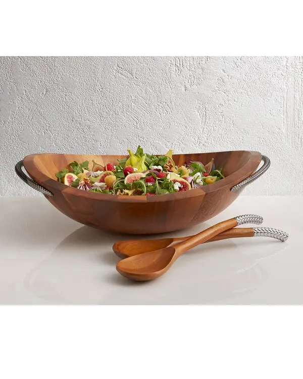 NAMBE Braid Wood Salad Bowl With Servers - Brown And Silver