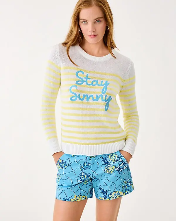 Lilly Pulitzer® Kelsa Embroidered Crew Neck Sweater - Resort White Stay Sunny Embroidery