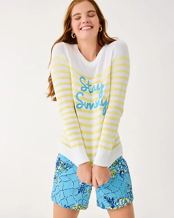 Lilly Pulitzer® Kelsa Embroidered Crew Neck Sweater - Resort White Stay Sunny Embroidery
