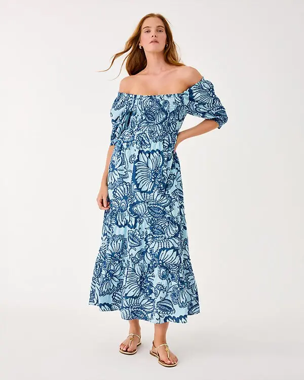 green emerald velvet dress Baltic Born Womens Fabian Jacquard Midi Dress | Blue Floral main image 1