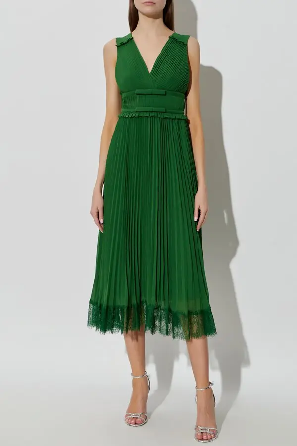 SELF-PORTRAIT Pleated Midi Dress With Lace Trim