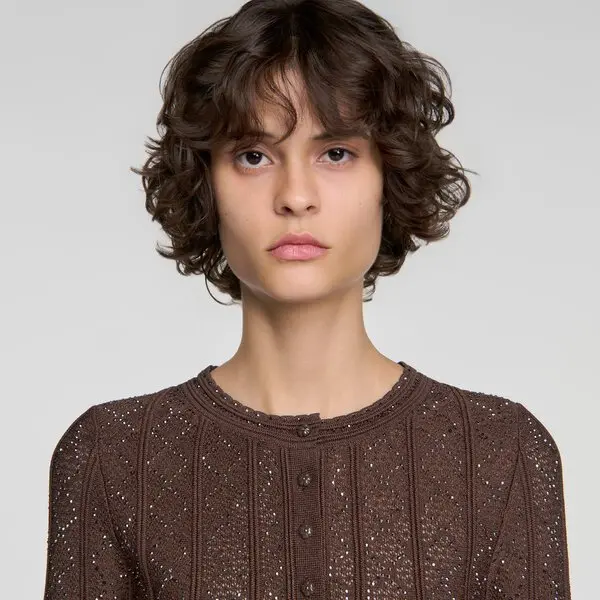 Sandro Rhinestone Knit Cropped Cardigan - Brown