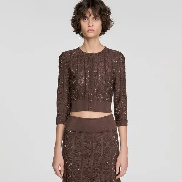 Sandro Rhinestone Embellished Knit Cardigan - Brown