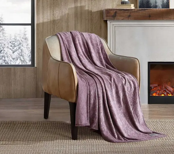Eddie Bauer Woodblock Floral Plum Plush Fleece Hrow Blanket - One-color