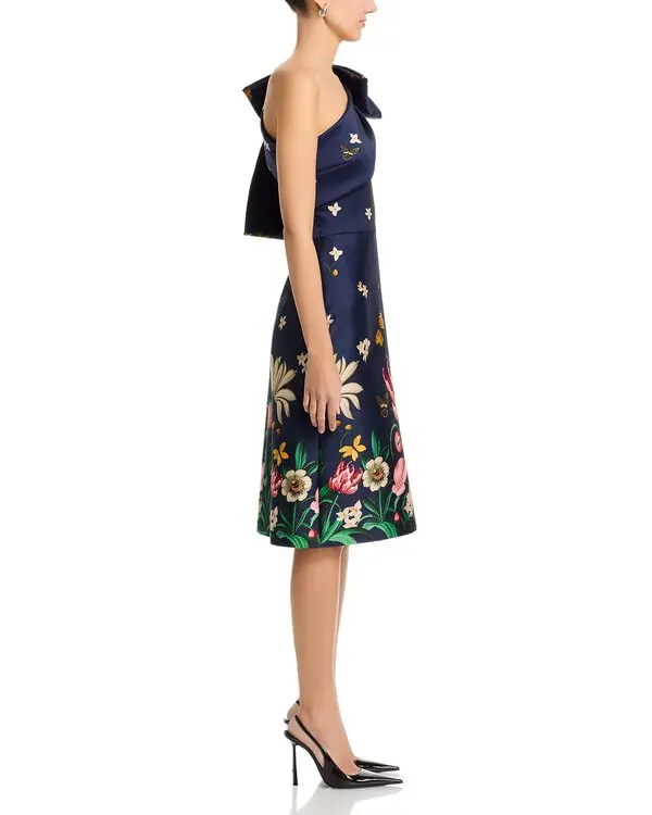 Teri Jon Mikado Floral Butterfly One Shoulder Dress - Navy Multi - 10