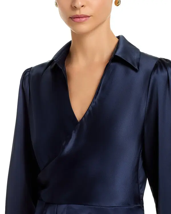 Aqua Long Sleeve Satin Wrap Mini Dress - Navy