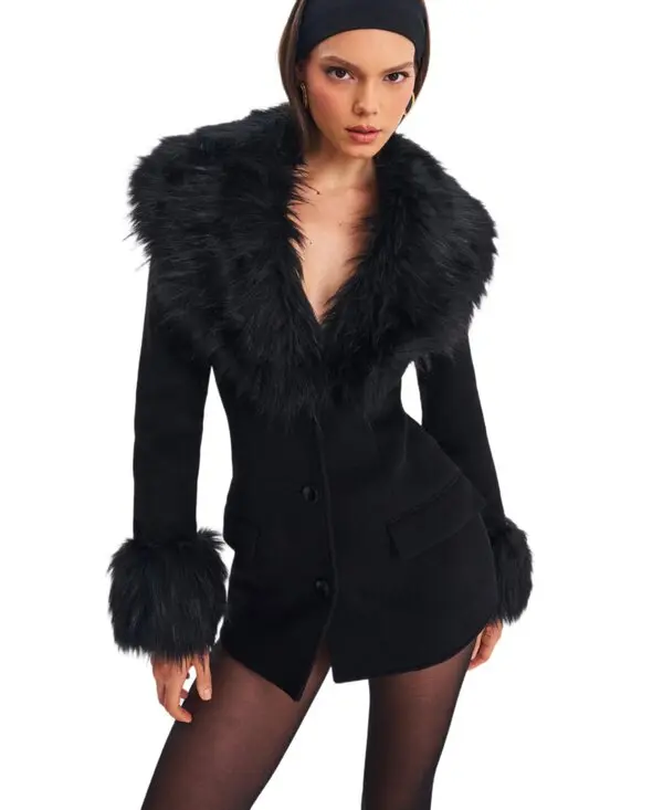 MISS CIRCLE Hailee Wool-blend Mini Coat With Removable Fur Lapel