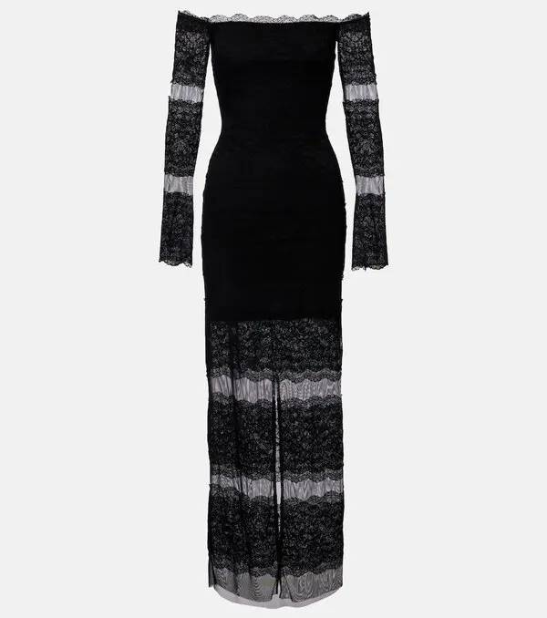 Blumarine Off-shoulder Lace & Tulle Maxi Dress - Black