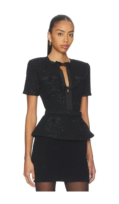SELF-PORTRAIT Sequin Knit Peplum Top With Bow Detail