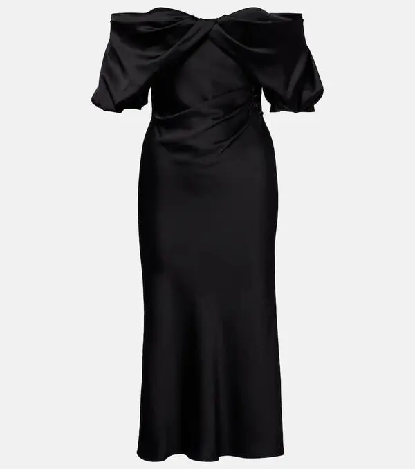 Alexander McQueen Draped Off-shoulder Satin Midi Dress - Black