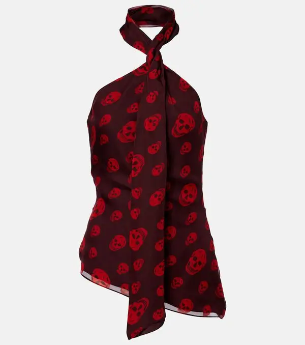 Alexander McQueen Skull Scarf-detail Halterneck Silk Top - Red