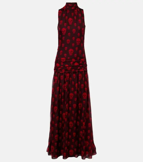 Alexander McQueen Skull Printed Silk Maxi Dress - Red