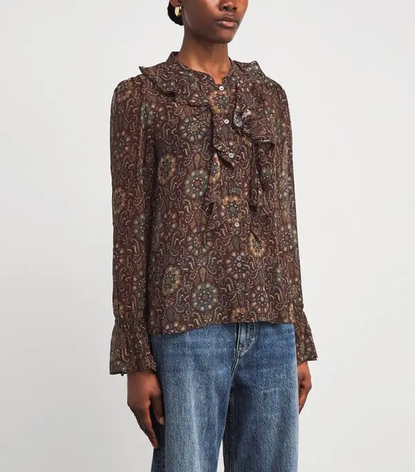 Paige Printed Silk Claude Blouse - Brown