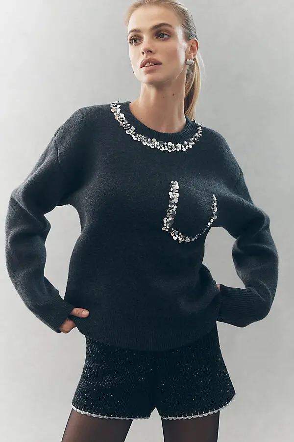 Endless Rose Embellished Crew-neck Pocket Sweater