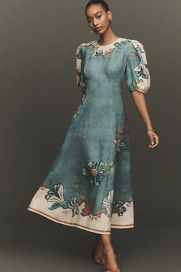 ALEMAIS Luda Puff-sleeve Linen Midi Dress - Blue Pattern