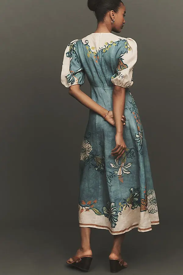 Alemais Luda Puff-Sleeve Linen Midi Dress - Blue Pattern - 36% Off |  Editorialist