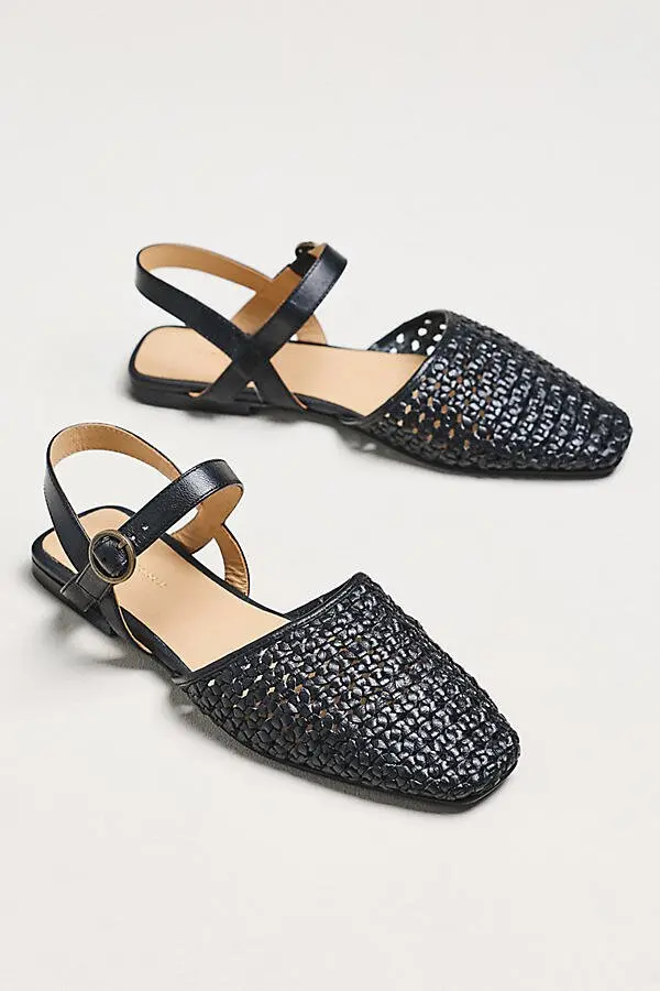 Anthropologie Woven Leather Ankle Strap Sandals - Black